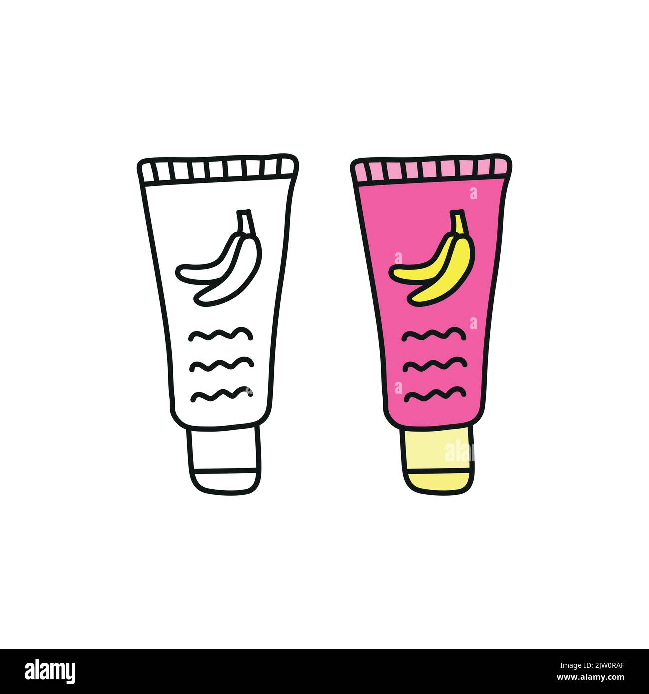 Doodle outline and colored banana hand cream in tube isolated on white ...