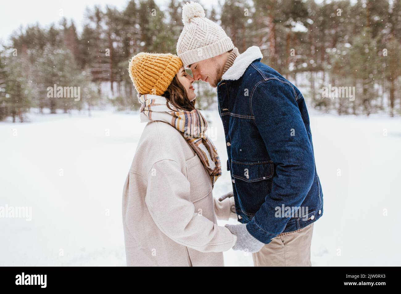 happy smiling couple touching noses in winter Stock Photo - Alamy