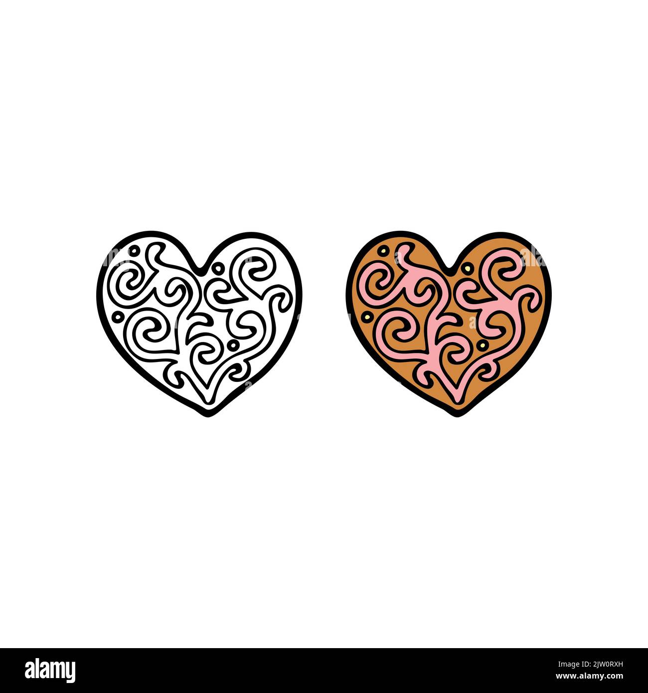 Doodle outline and colored heart shaped cookie isolated on white ...
