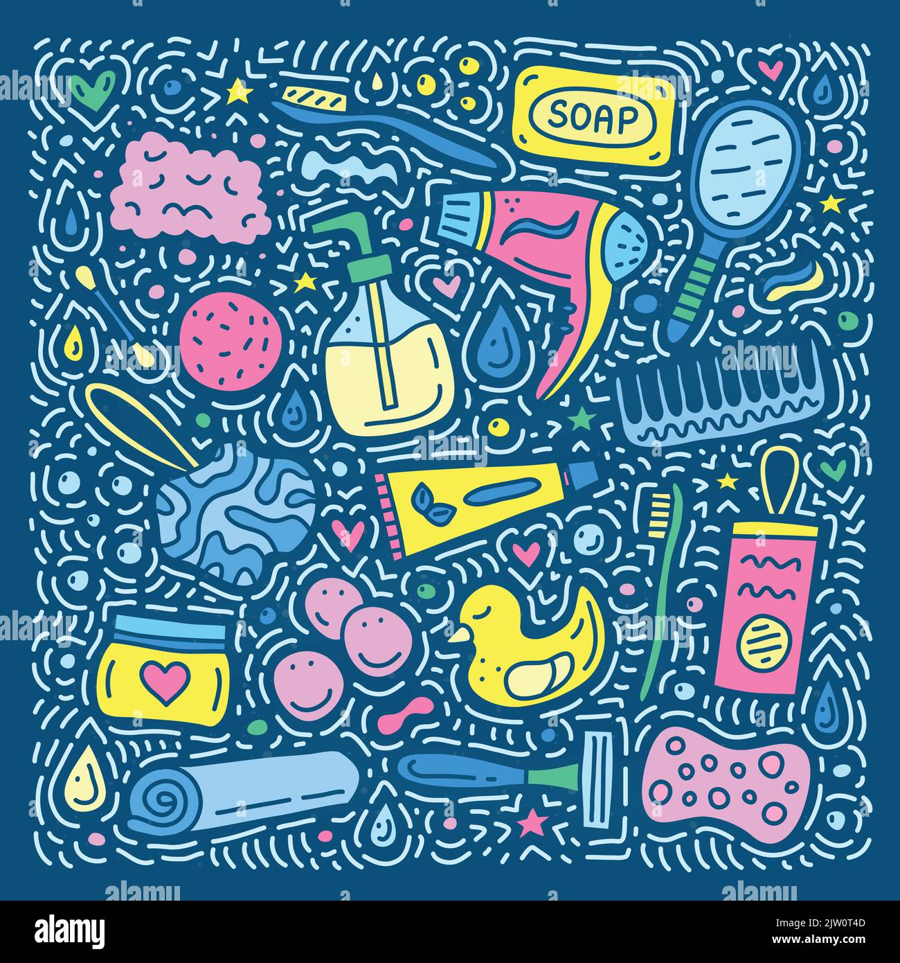 Set of doodle colorful bathroom and hygiene icons isolated on blue ...