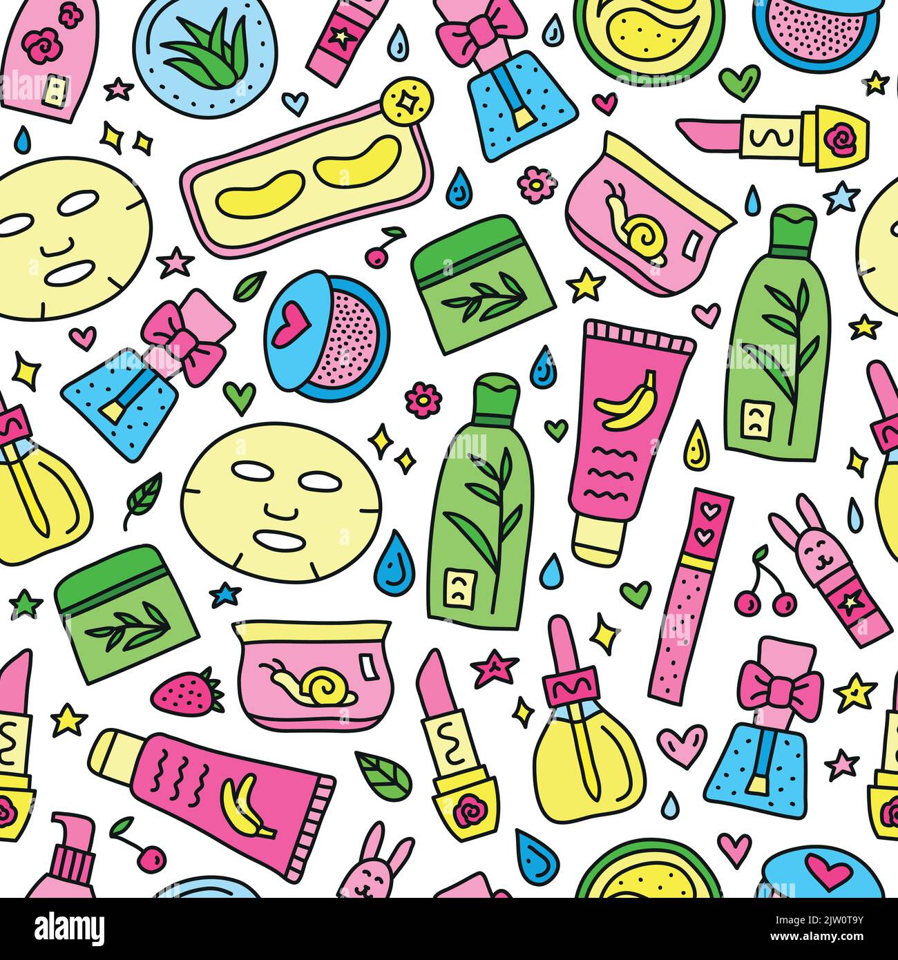 Seamless pattern with cute doodle colorful asian cosmetics Stock Vector ...