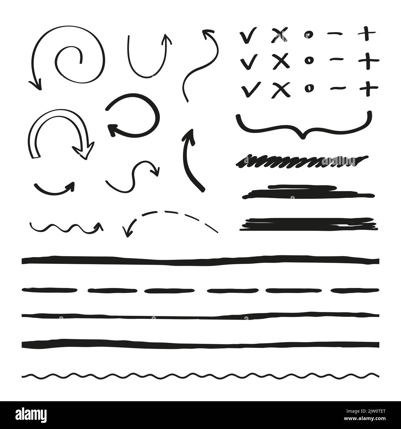 Set of hand drawn markers, arrows, pointers and symbols isolated on ...