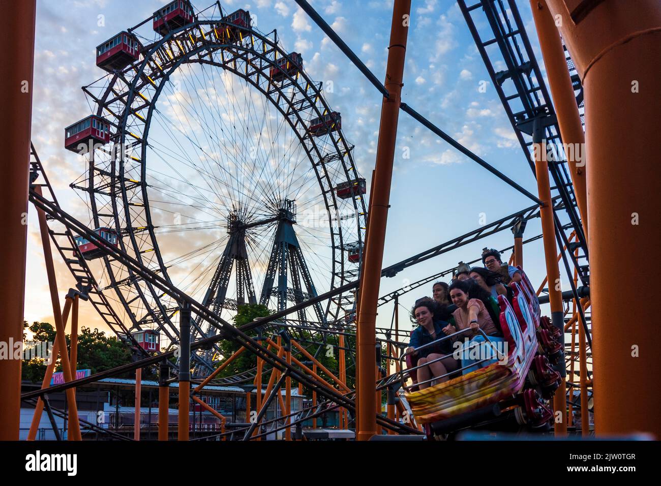 Wien, Vienna: amusement park Prater, Ferris Wheel and rollercoaster in ...