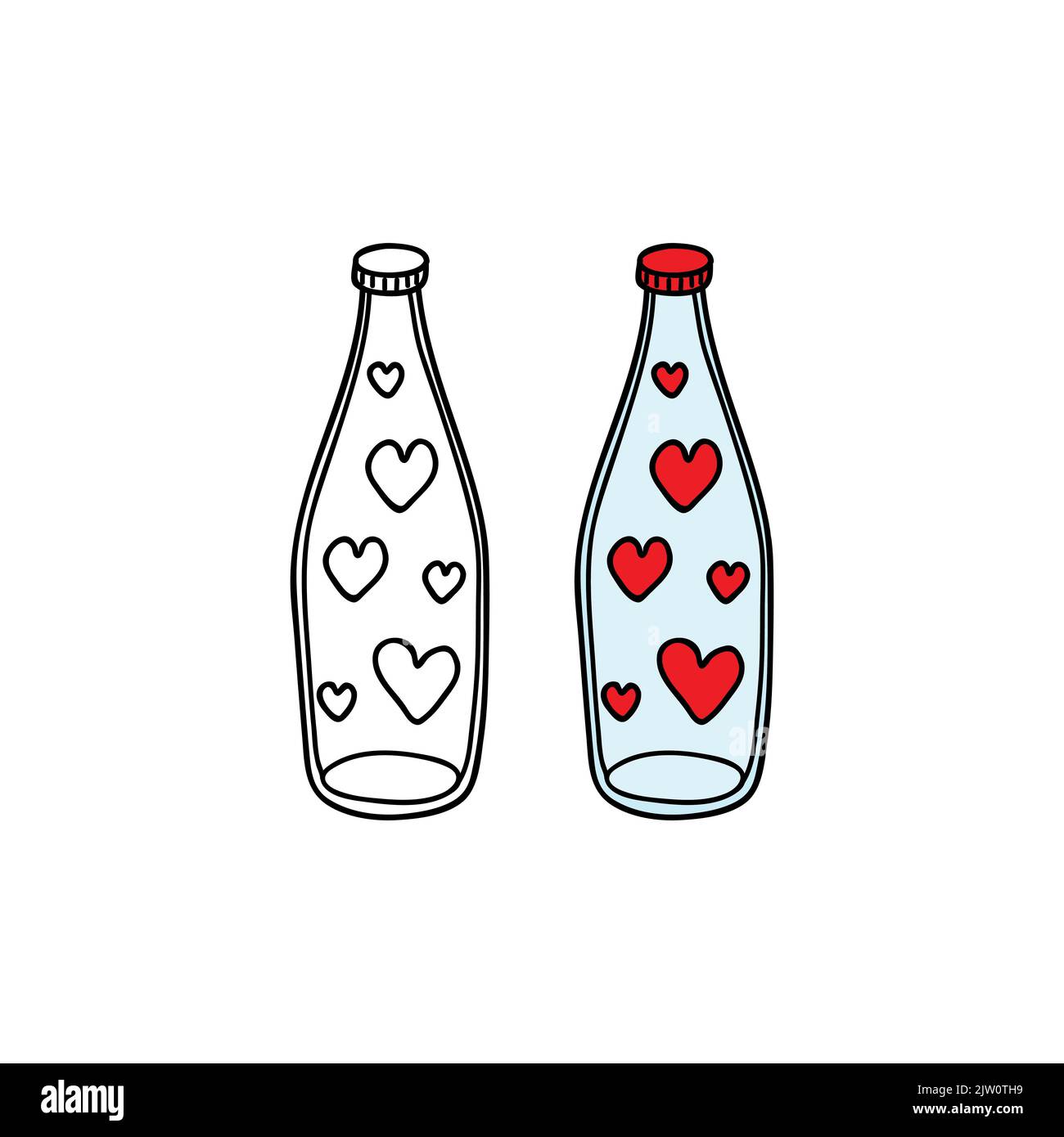 Doodle outline and colored bottle with hearts isolated on white ...