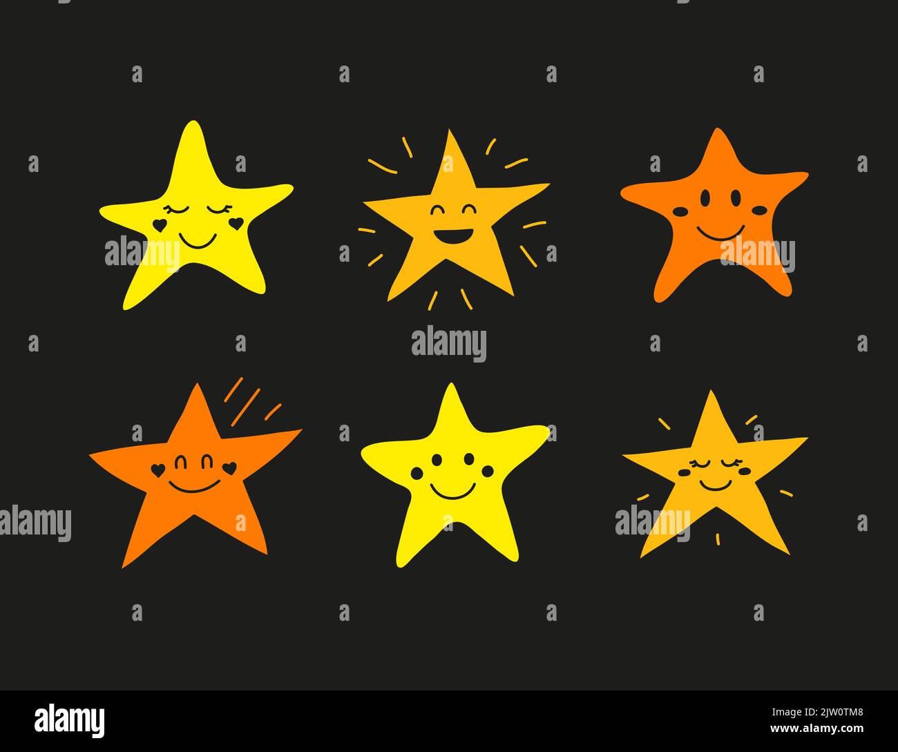 Set of doodle colored star happy character icons isolated on black ...