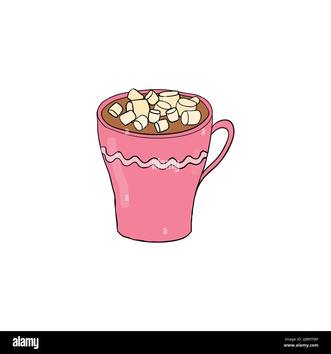 Hand drawn colored cocoa with marshmallow in pink cup isolated on white ...