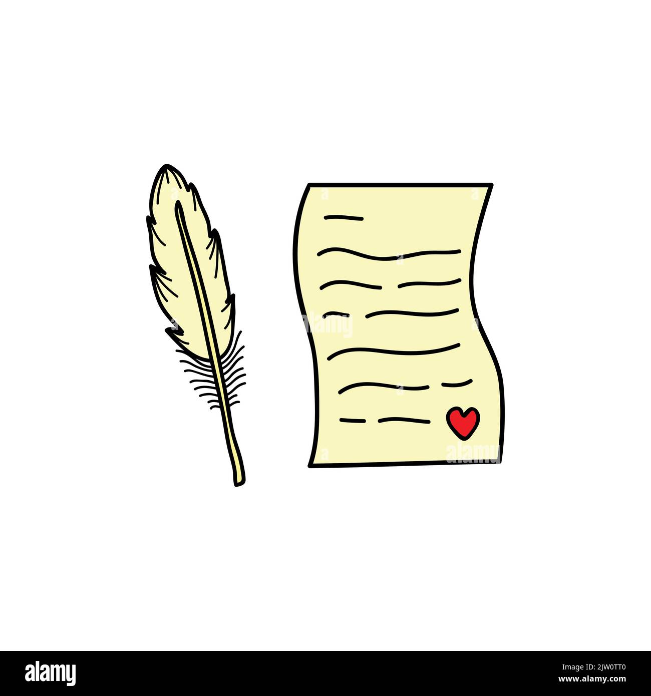 Doodle colored love message or note with feather isolated on white ...