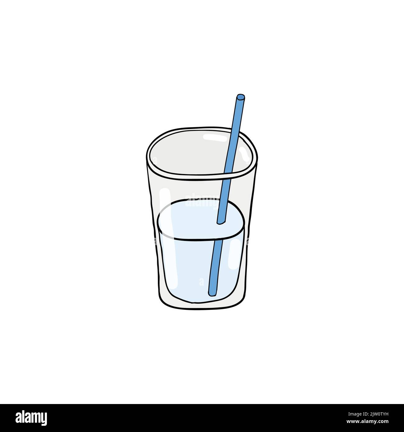 Hand drawn colored pure water in glass with straw isolated on white ...