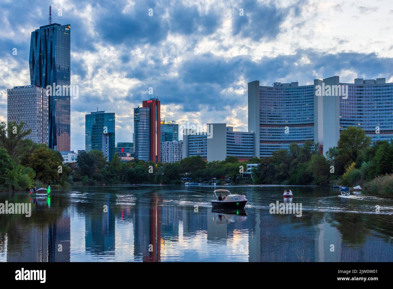 Wien, Vienna: lake Kaiserwasser, sunset, DC Tower 1 and 3, Vienna ...