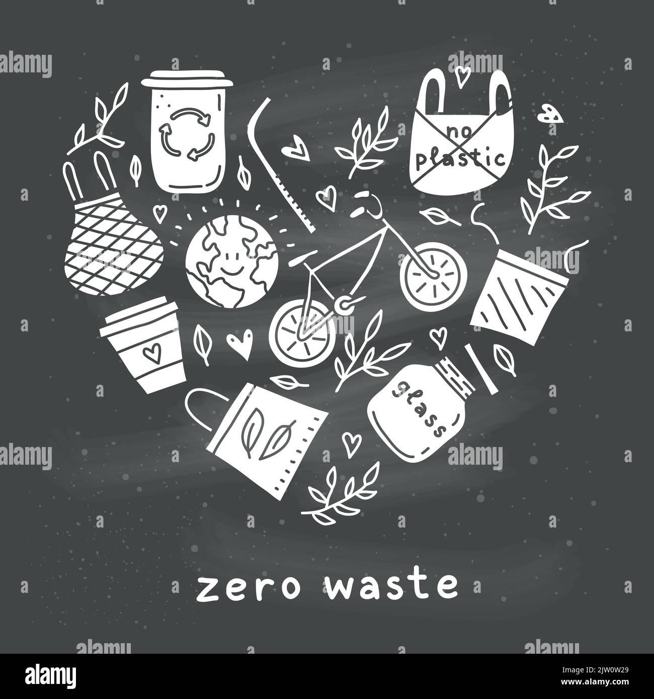 Doodle ecological icons composed in heart shape. Zero waste life ...