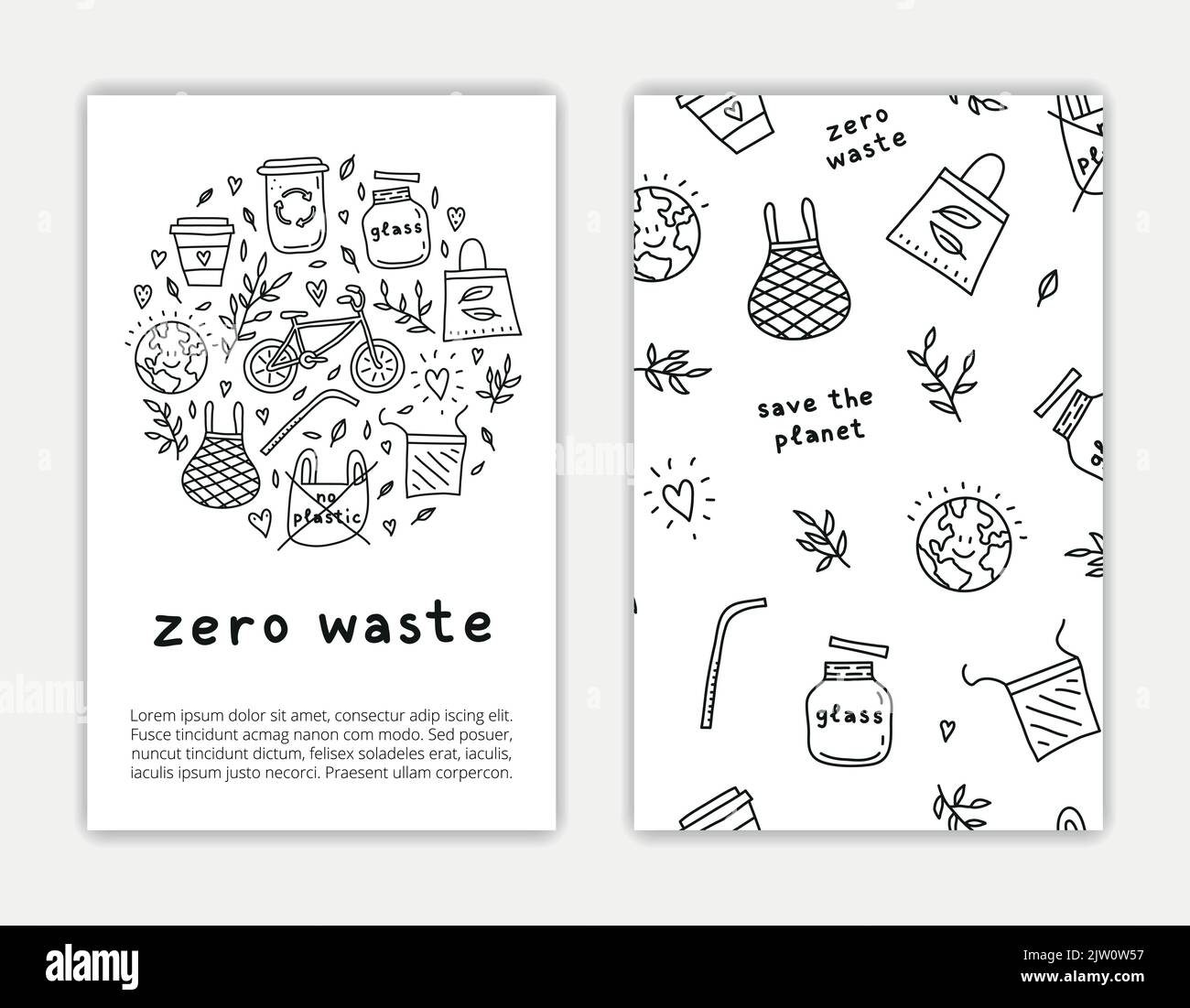Card templates with doodle outline zero waste icons. Used clipping mask ...