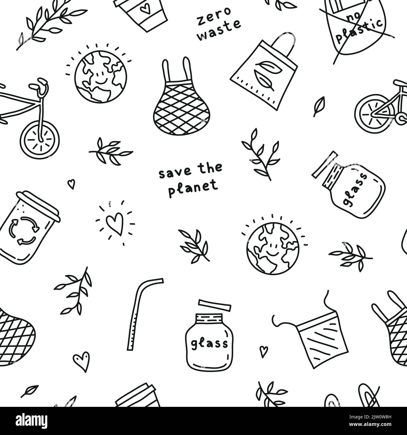 Black and white seamless pattern with doodle outline ecological icons ...