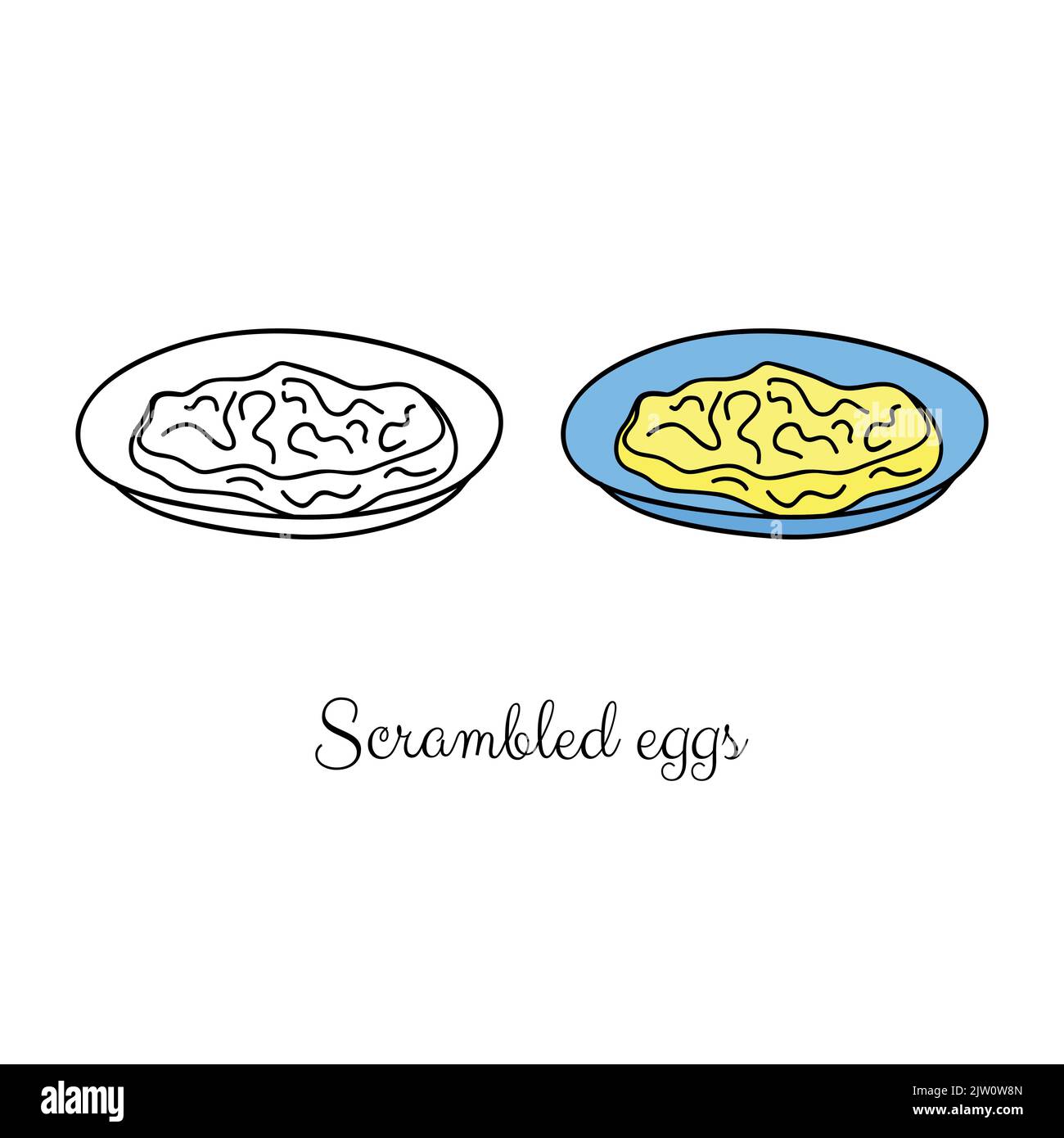 Doodle outline and colored omelette on the plate isolated on white ...