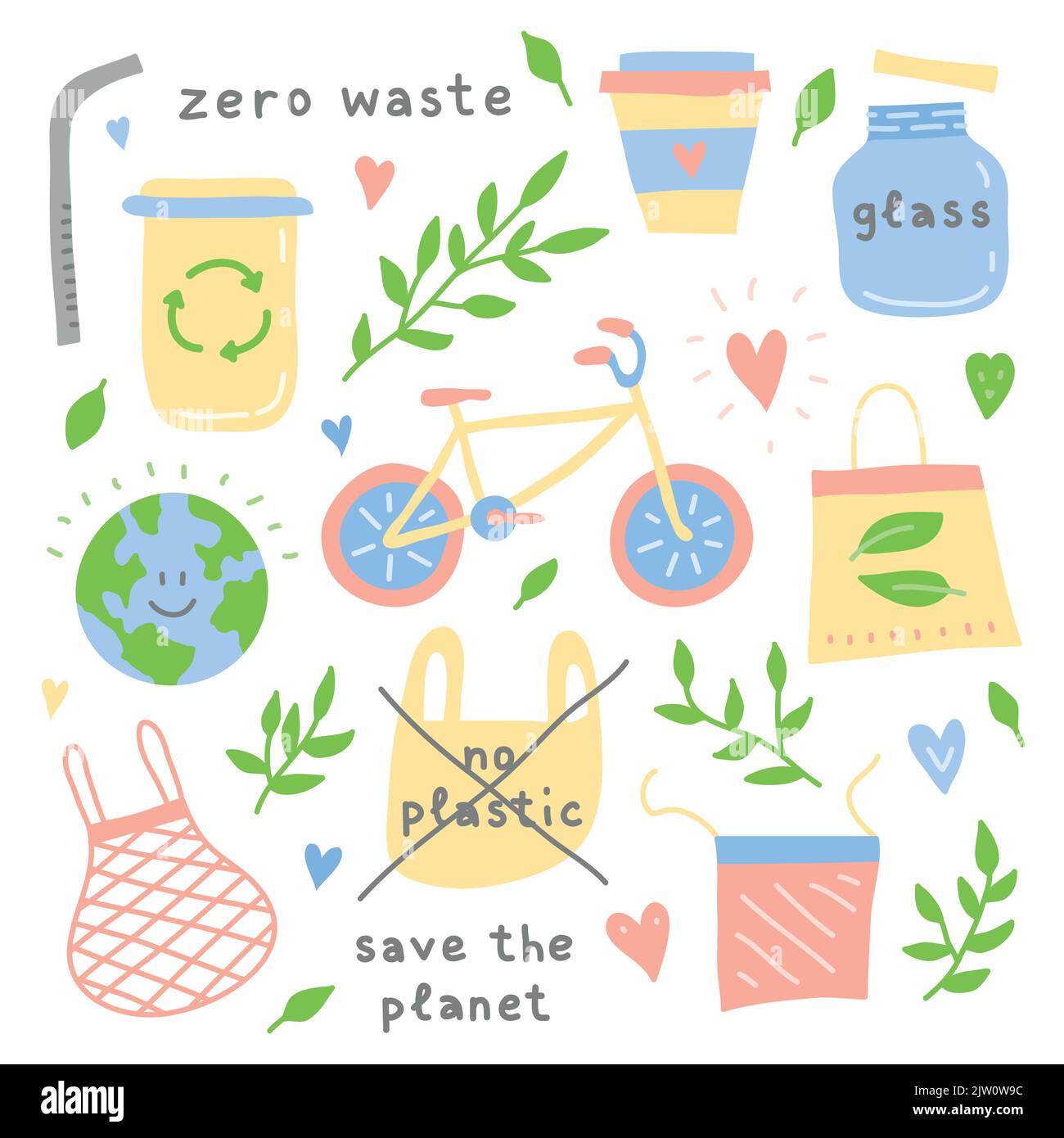 Set of doodle colored ecological icons isolated on white background ...