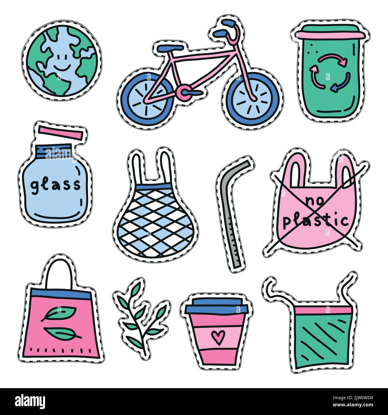 Set of colorful stickers or patches with zero waste icons isolated on ...
