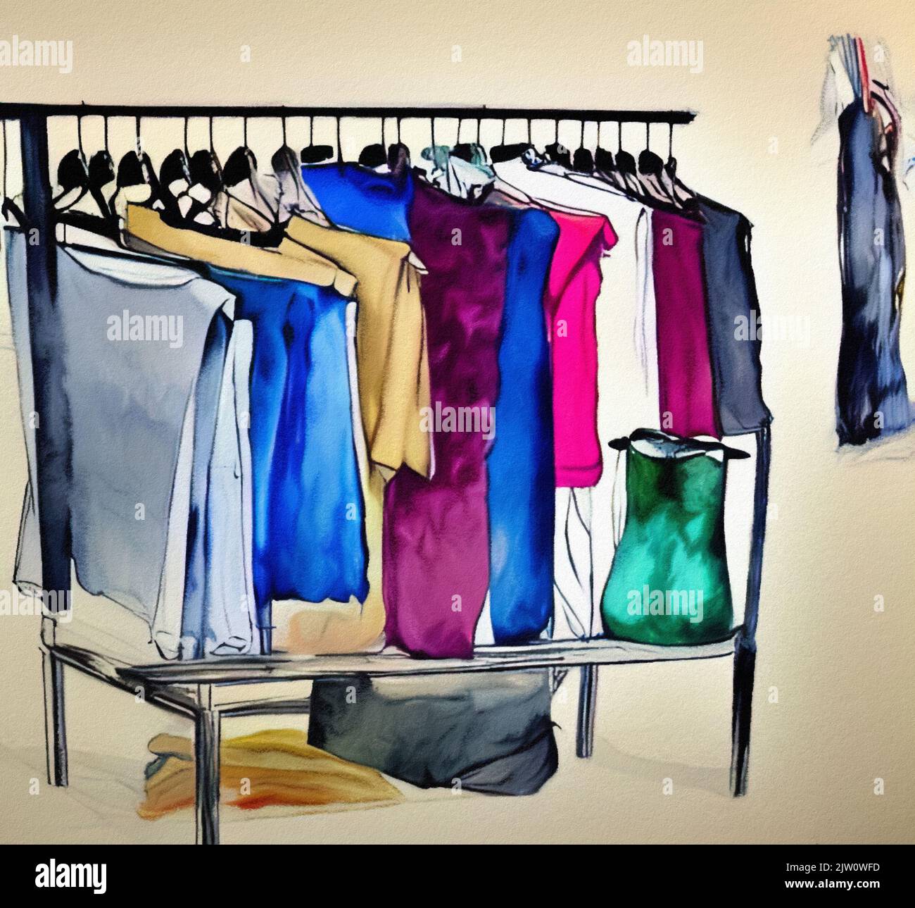 Store clothes exhibition in Shopping mall. Fashion illustration of ...