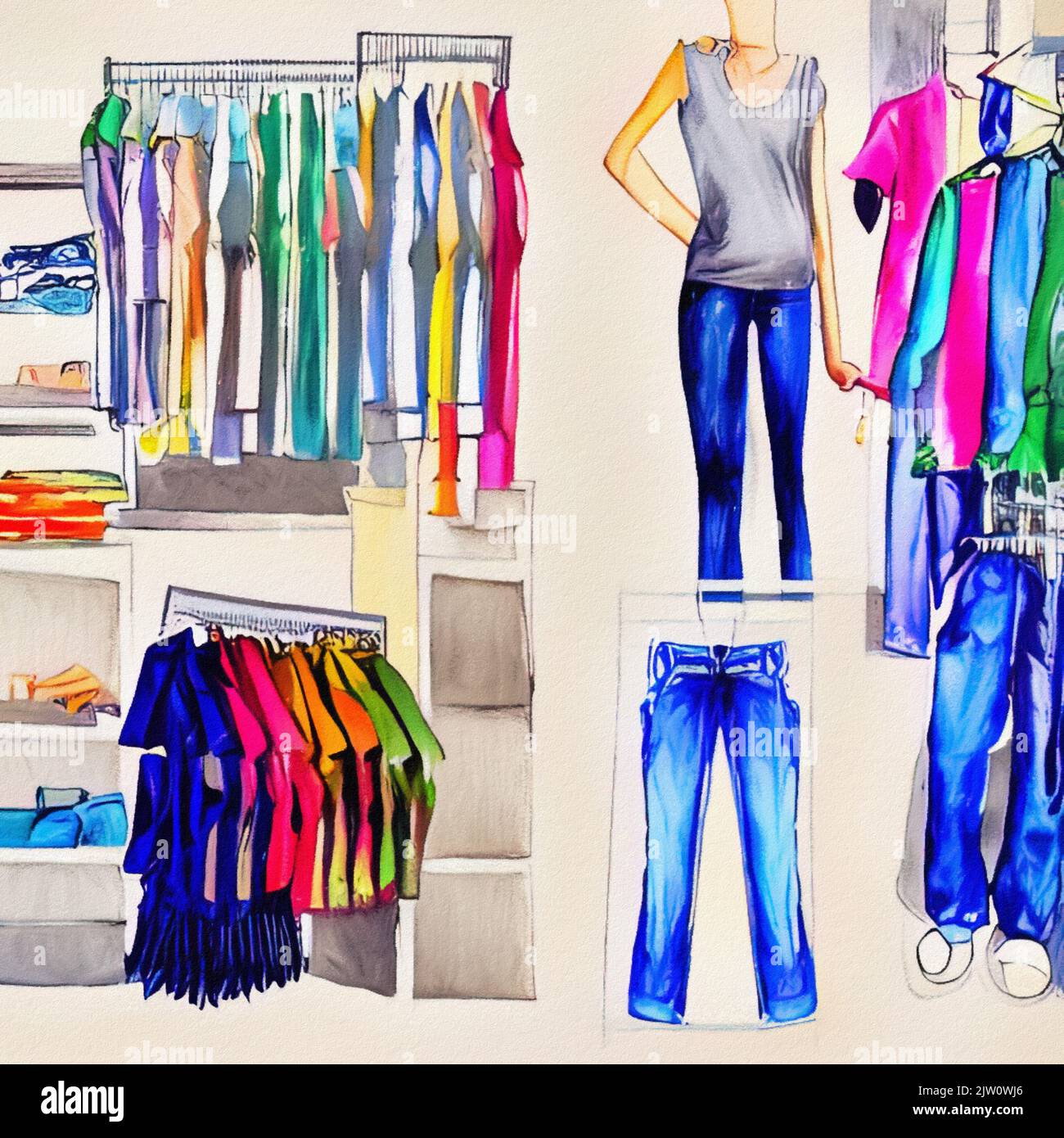 Store clothes exhibition in Shopping mall. Fashion illustration of ...