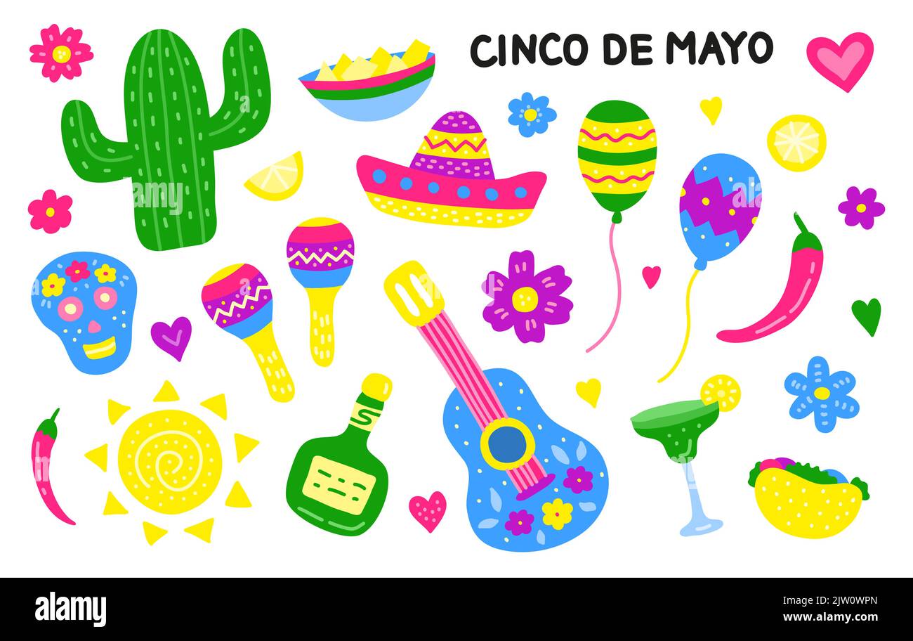 Set of doodle colorful icons for Cinco de mayo celebration isolated on ...