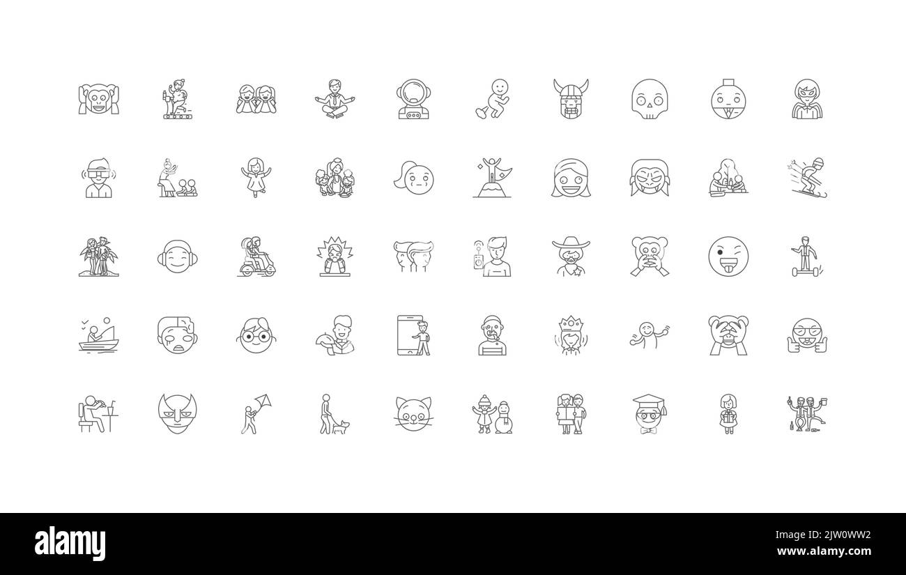 Funny people concept illustration, linear icons, line signs set, vector ...