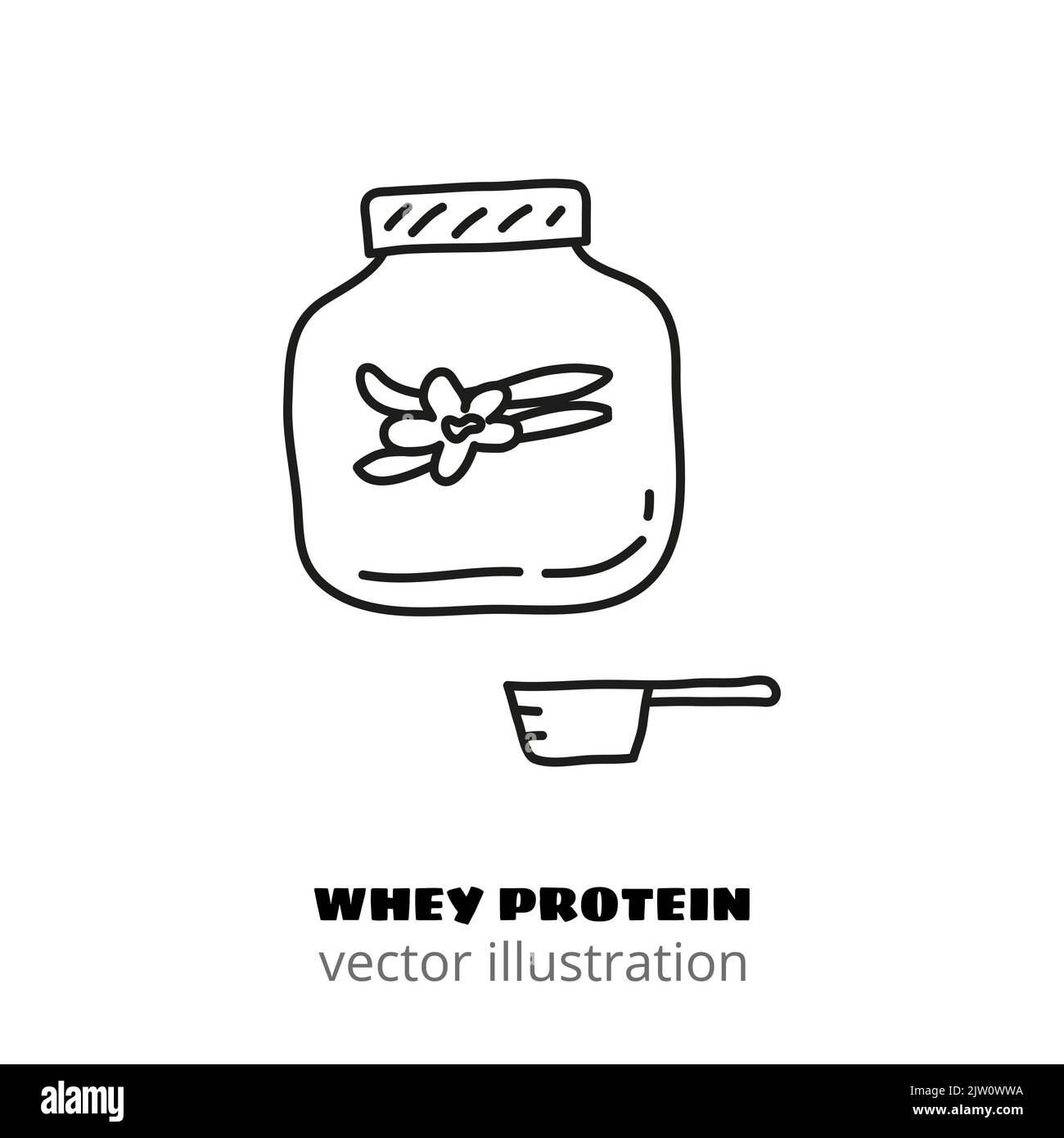 Doodle Outline Whey Protein In Jar And Measuring Scoop Isolated On White Background Stock Vector