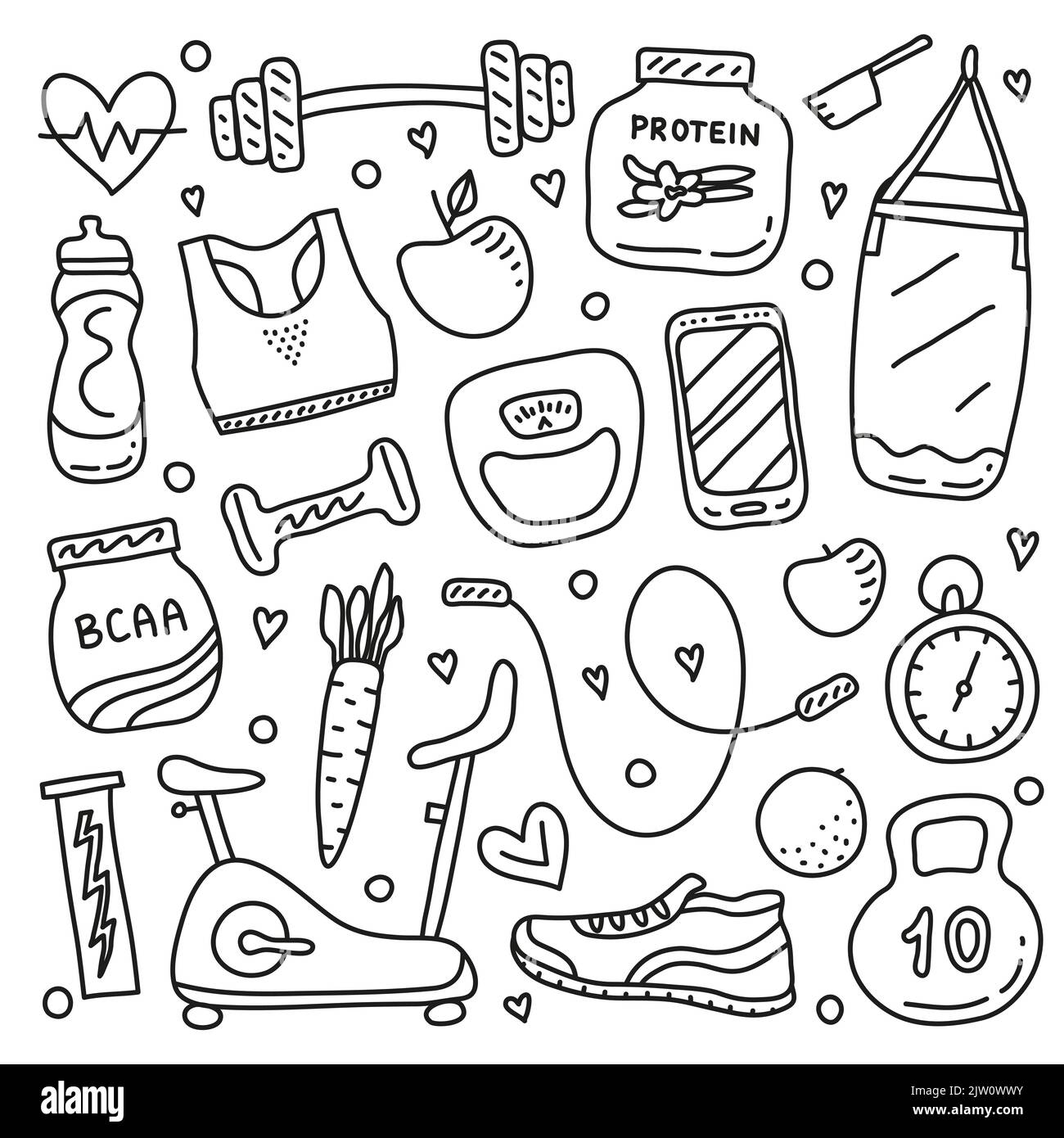 Set of doodle outline gym and fitness icons isolated on white ...