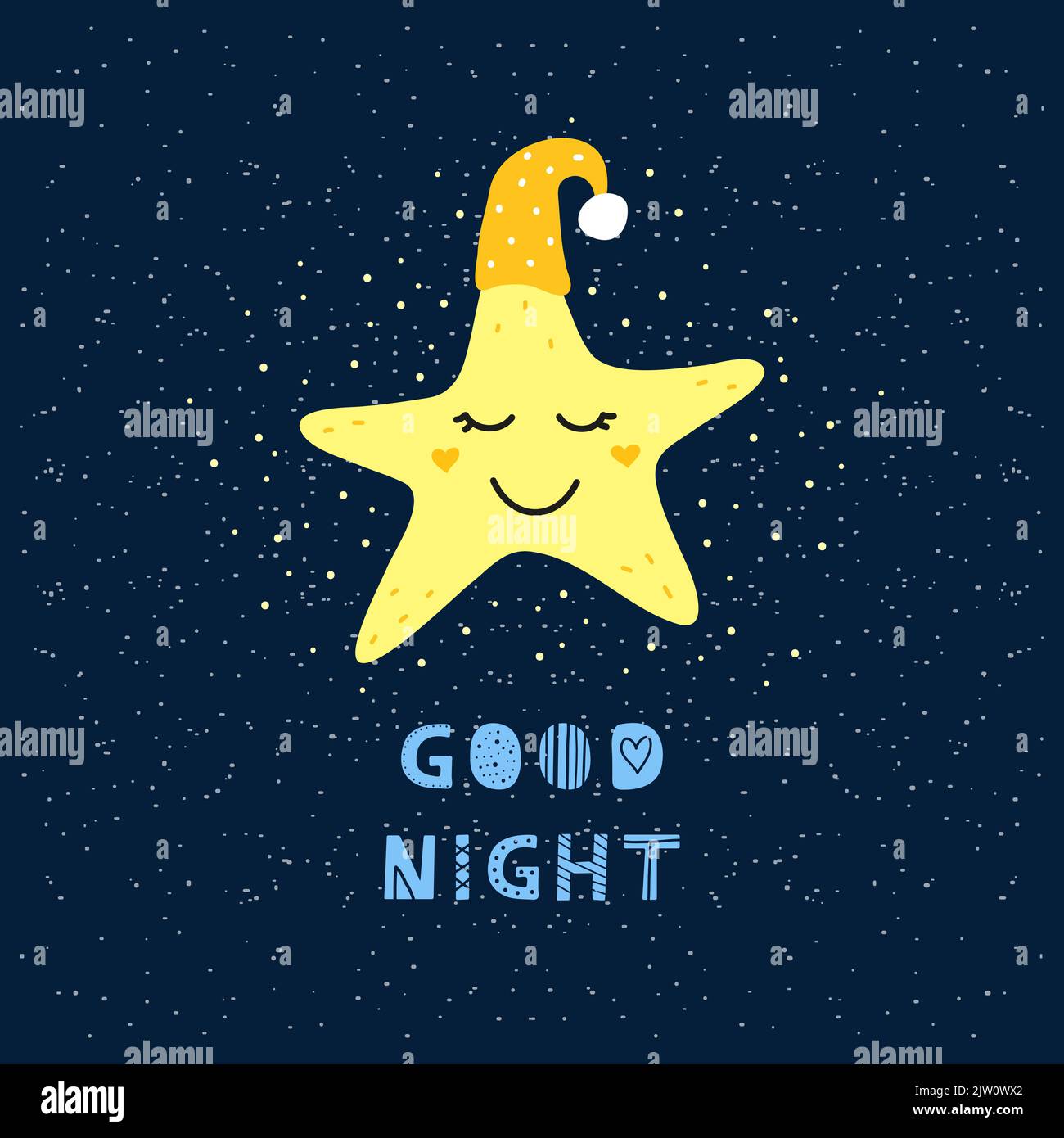 Poster with doodle happy star character and lettering in Scandinavian ...