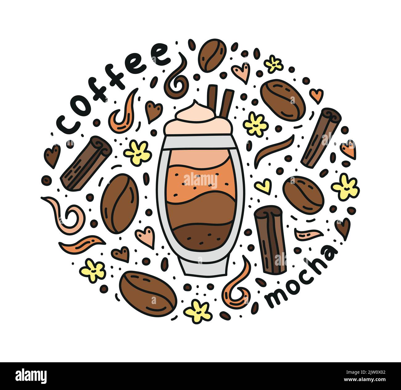 Poster with cute doodle mocha coffee drink and beans, spices, flowers ...