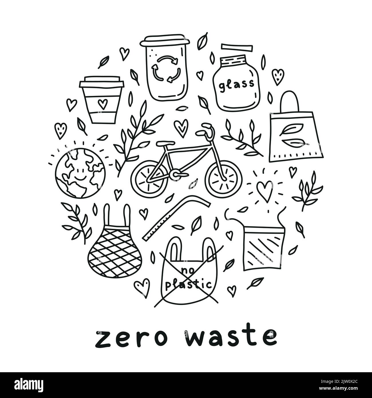 Doodle outline ecological icons composed in circle shape. Zero waste ...