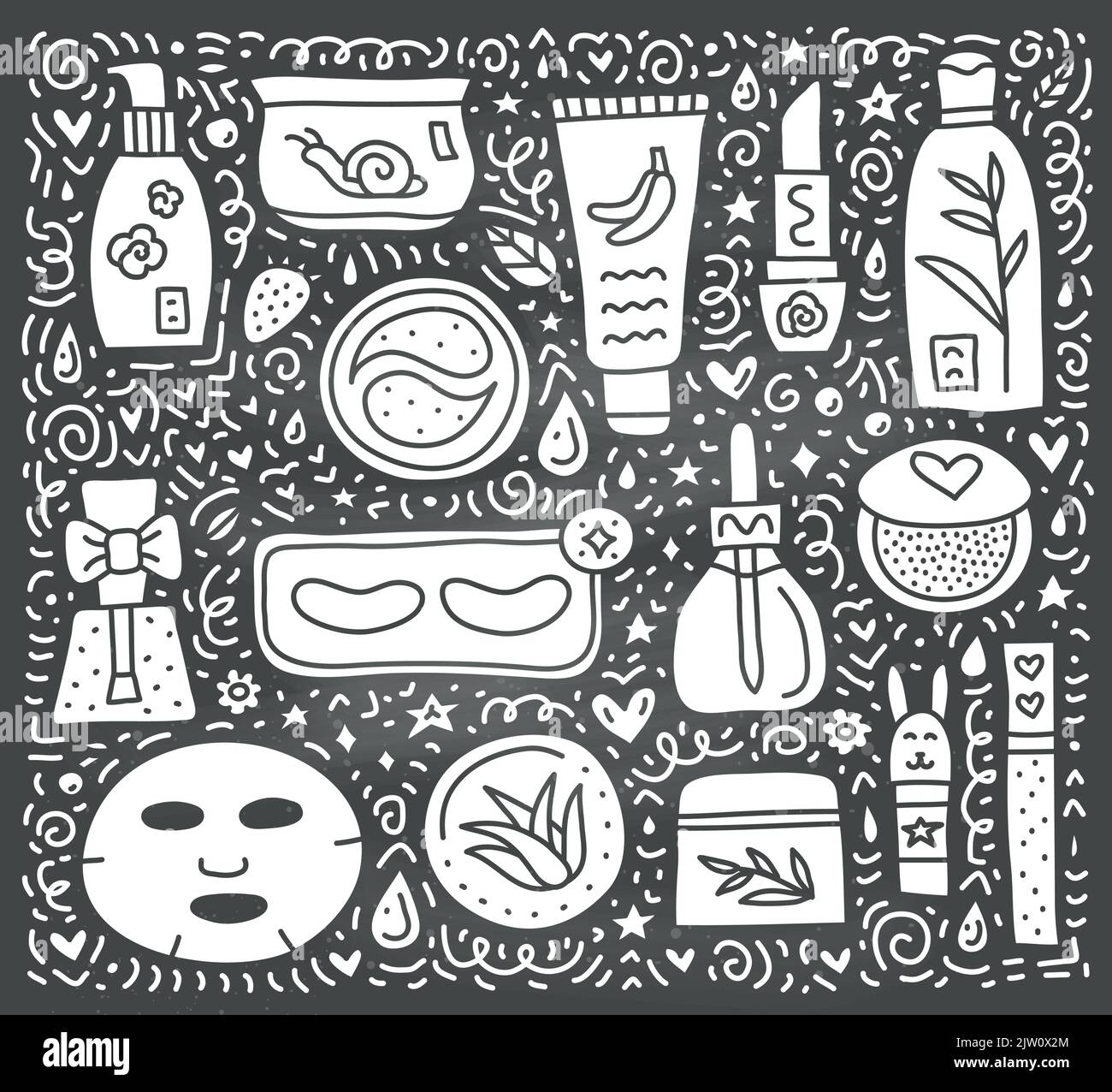 Set of cute doodle asian cosmetics for skin care and makeup isolated on ...