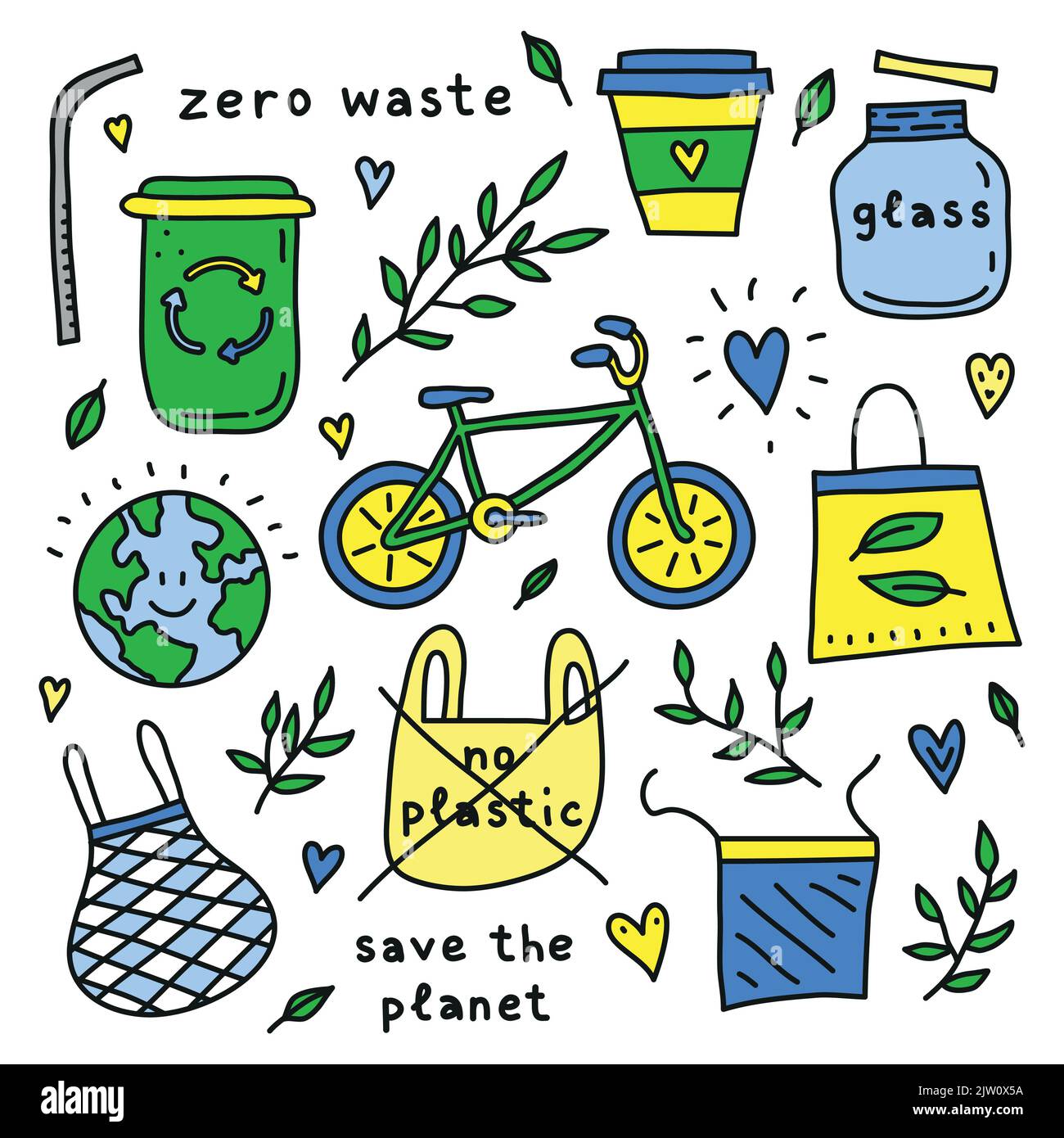 Set of doodle colored ecological icons isolated on white background ...