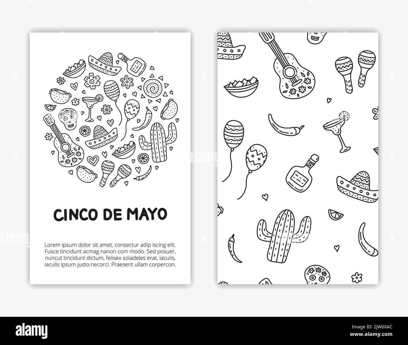 Card templates with doodle outline Cinco de mayo icons. Used clipping ...
