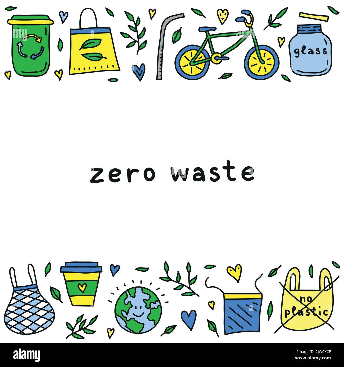 Poster with colored doodle zero waste icons on white background Stock ...