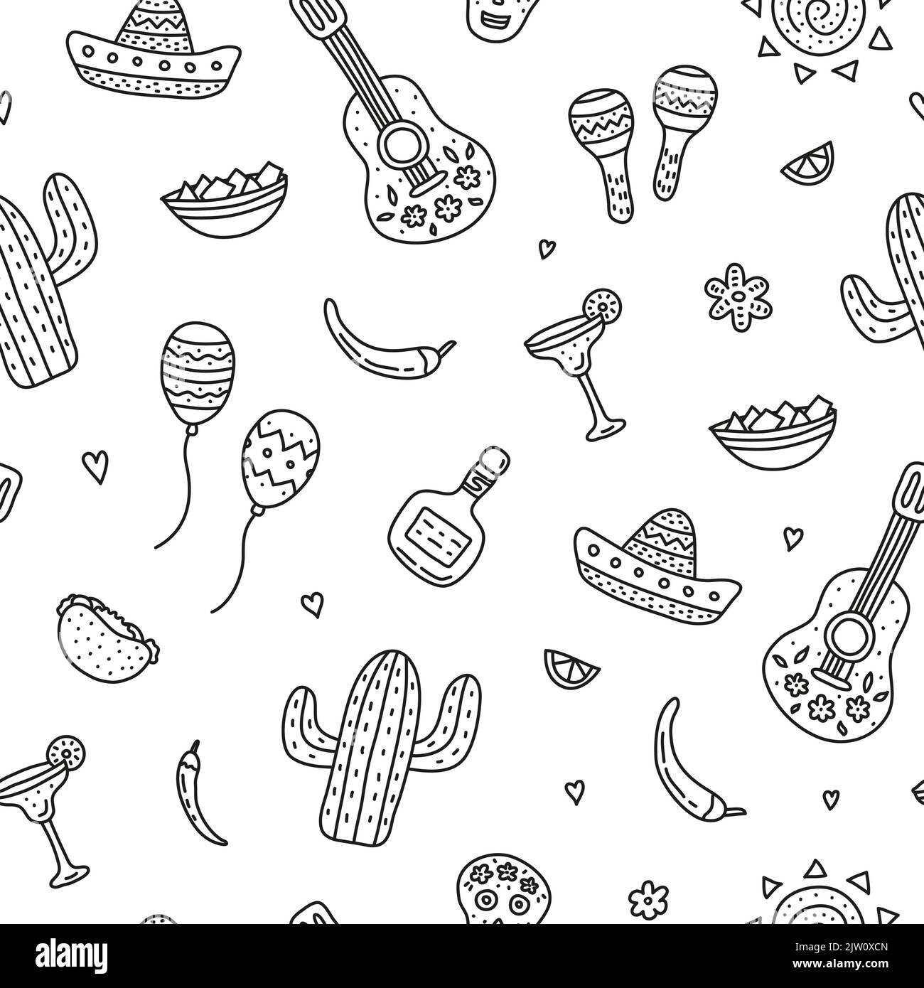 Black and white seamless pattern with outline doodle Cinco de mayo ...