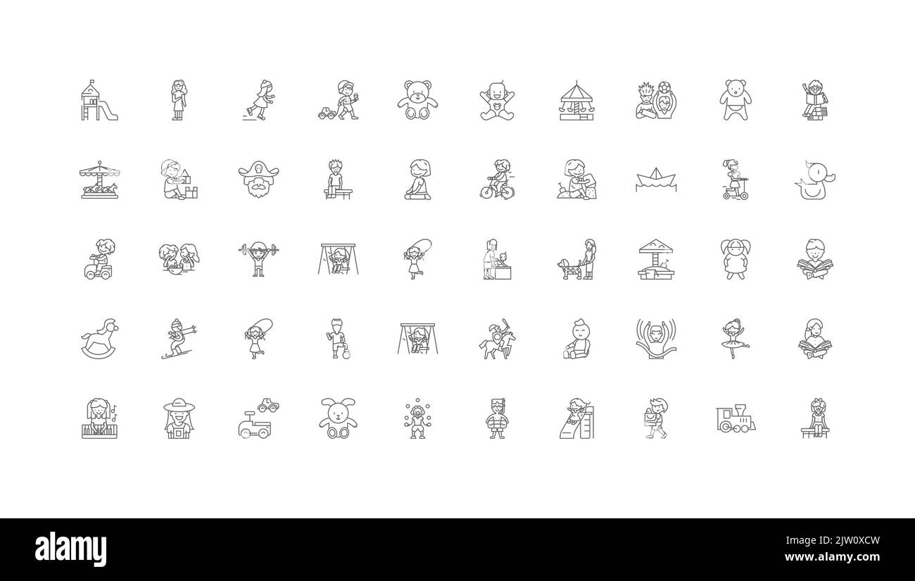 Kids playing concept illustration, linear icons, line signs set, vector ...