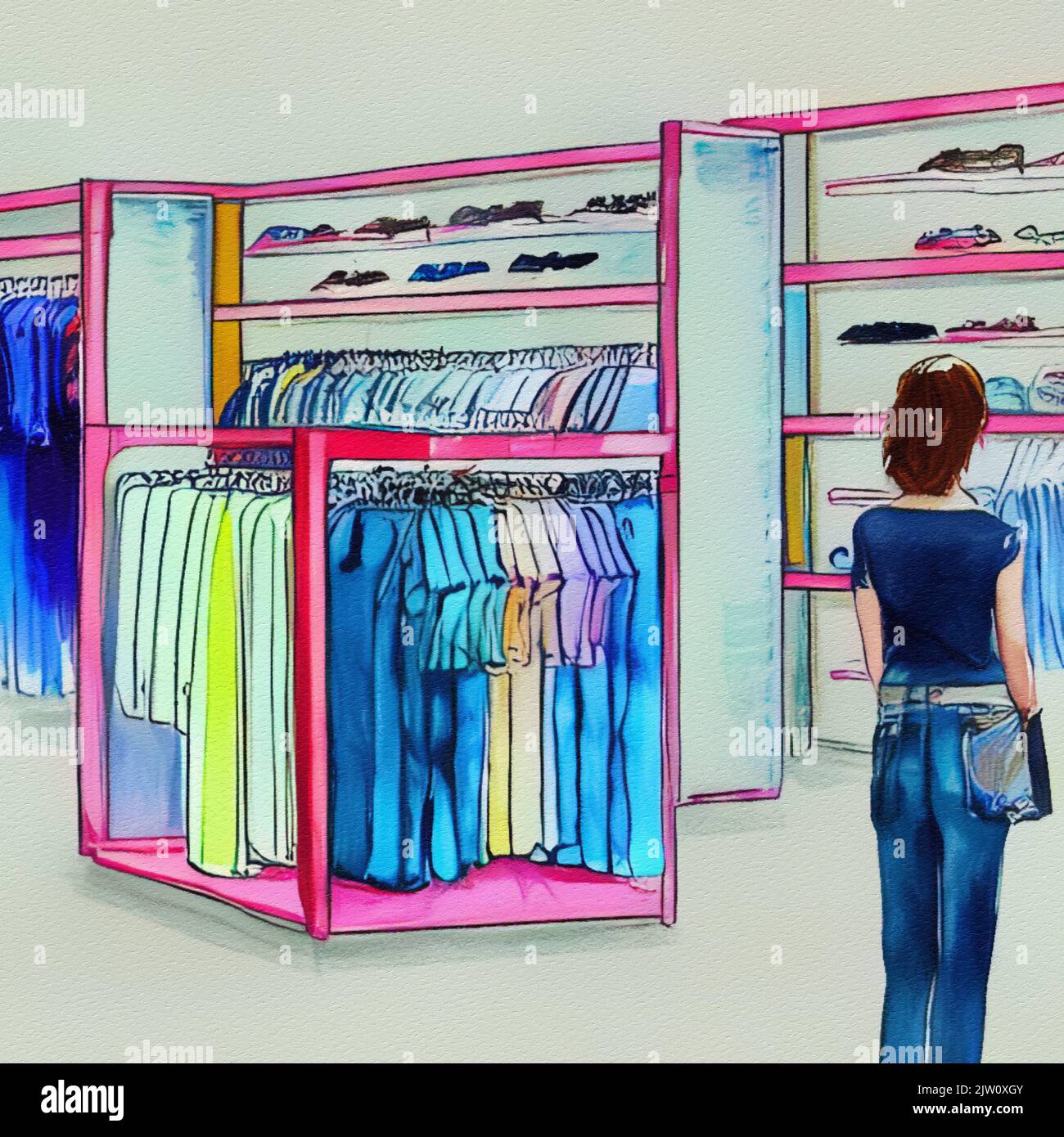 Store clothes exhibition in Shopping mall. Fashion illustration of ...