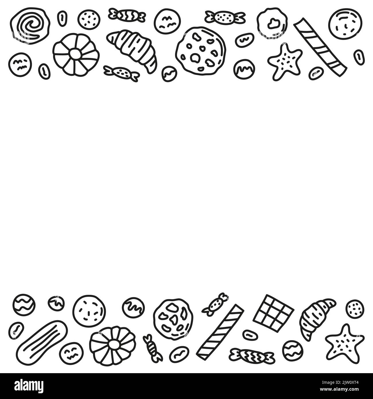 Poster with outline doodle cookies, waffles and candies on white ...
