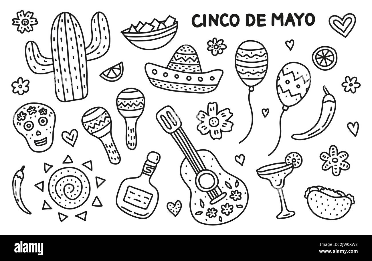 Set of doodle outline icons for Cinco de mayo celebration isolated on ...