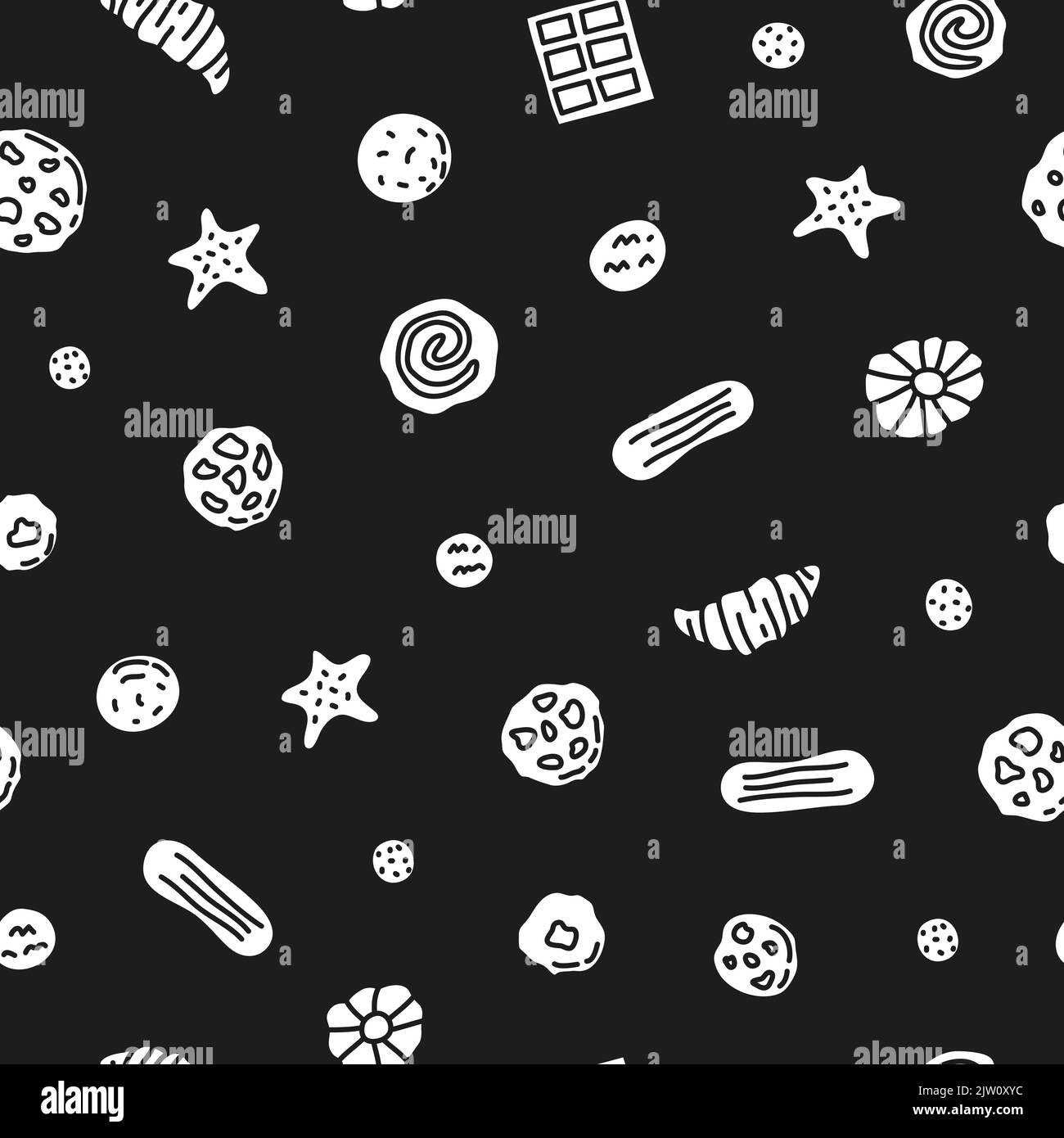 Black and white seamless pattern with doodle cookies, waffles and ...