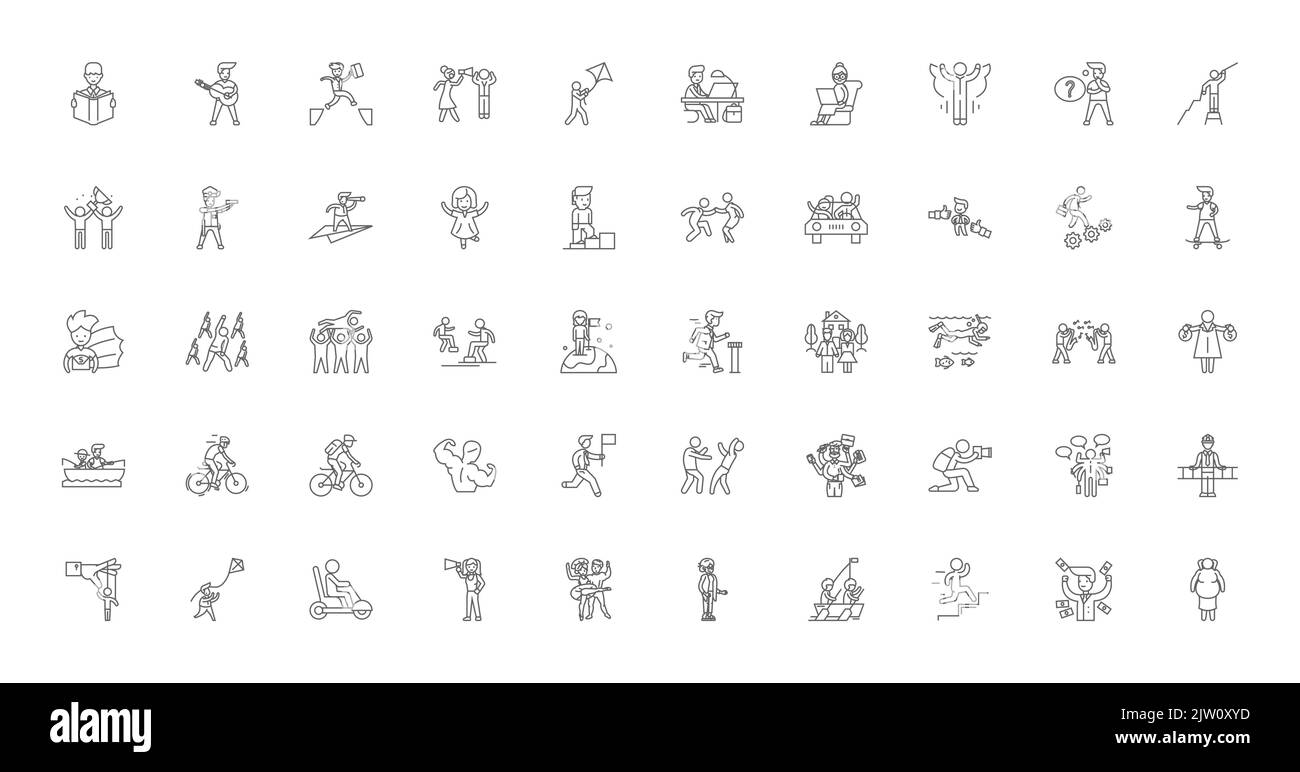 Active people concept illustration, linear icons, line signs set ...