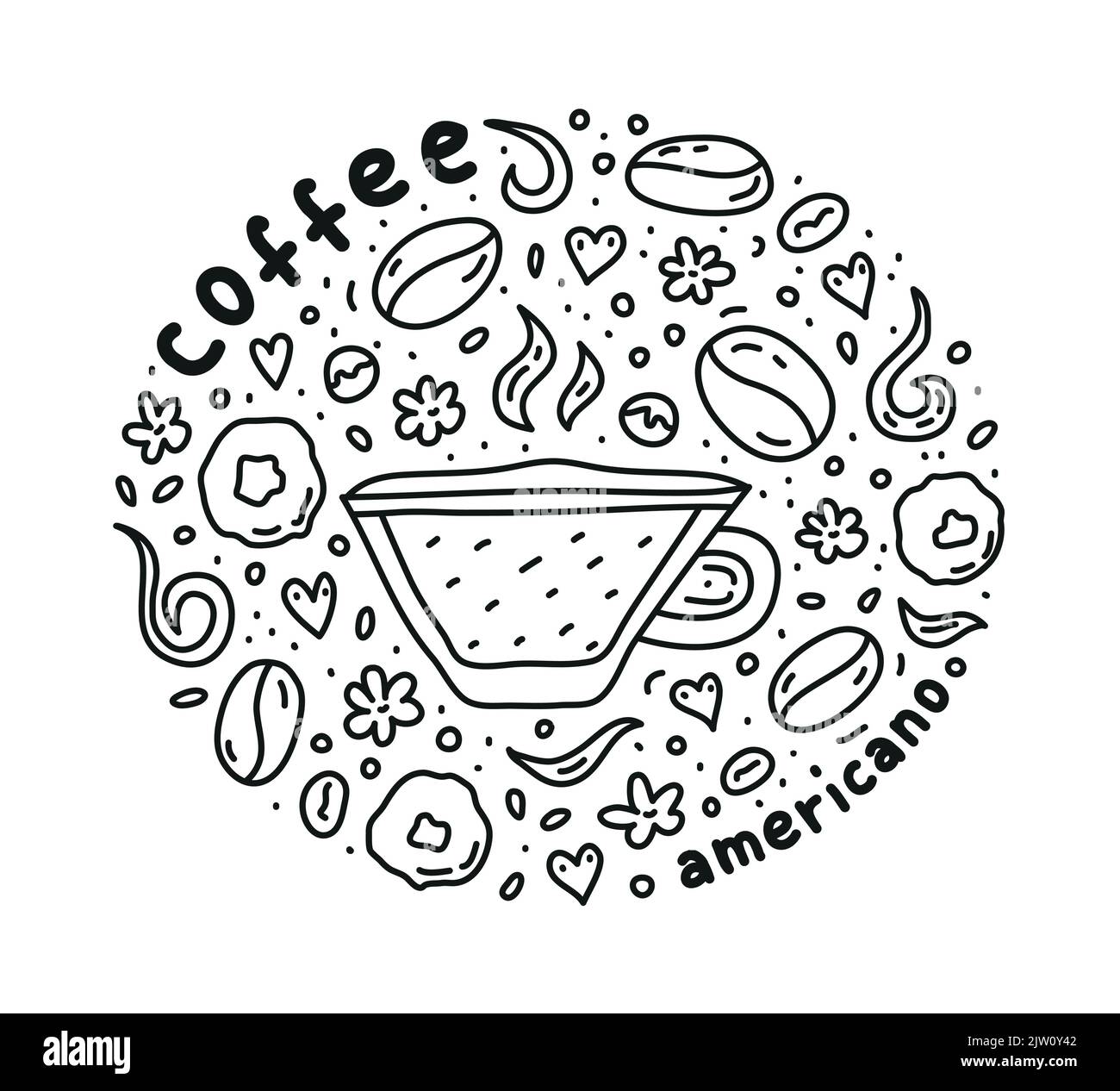 Poster with cute doodle americano coffee drink and beans, cookies ...