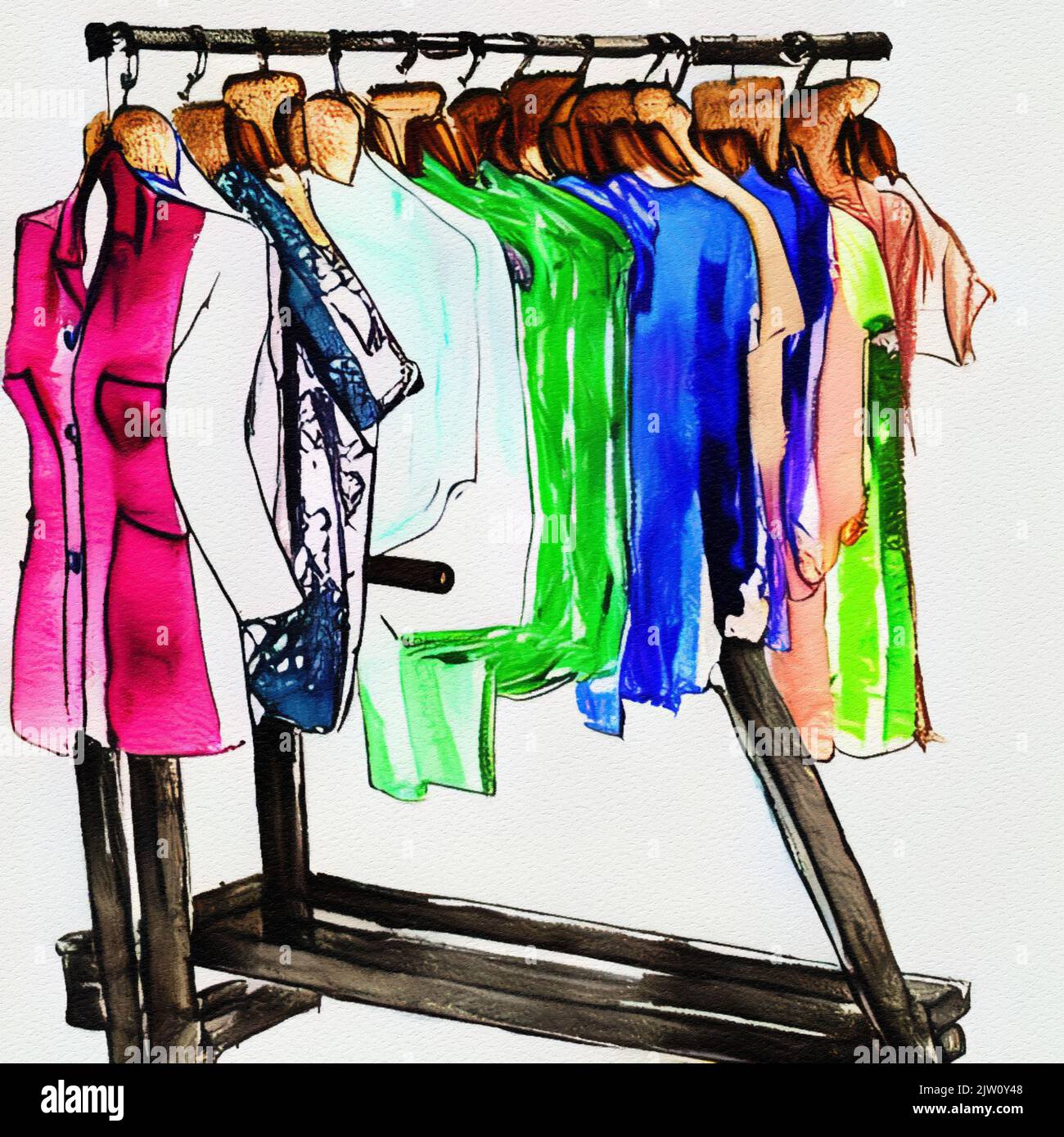 Store clothes exhibition in Shopping mall. Fashion illustration of ...