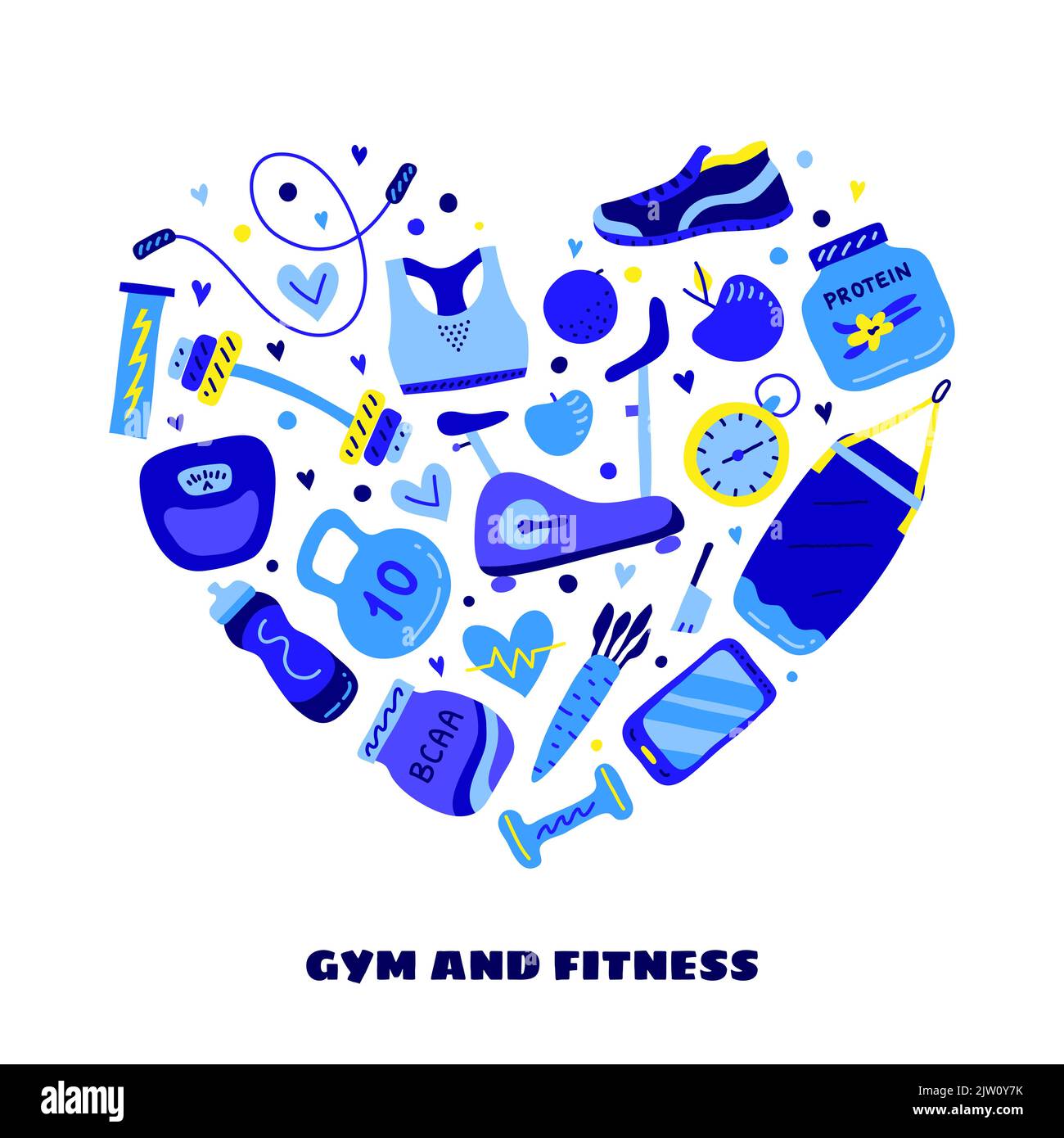 Blue doodle gym and fitness icons composed in heart shape Stock Vector ...