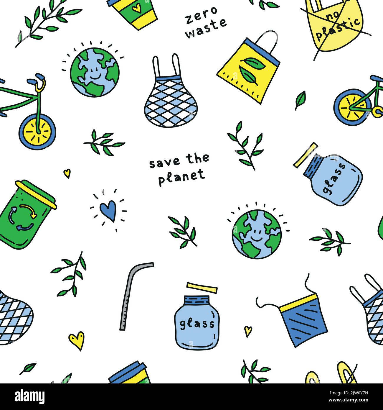 Seamless pattern with doodle colored ecological icons. Zero waste life concept Stock Vector ...
