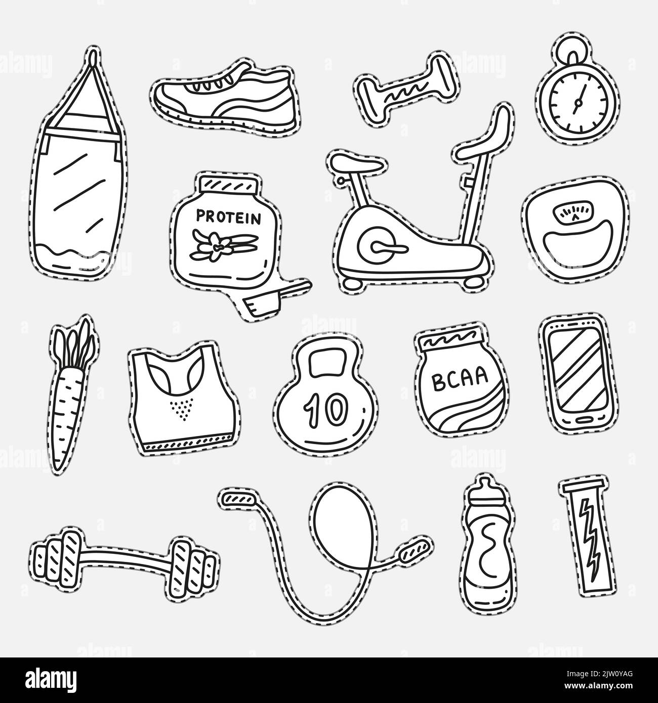 Set of doodle uncolored gym and fitness stickers isolated on white ...