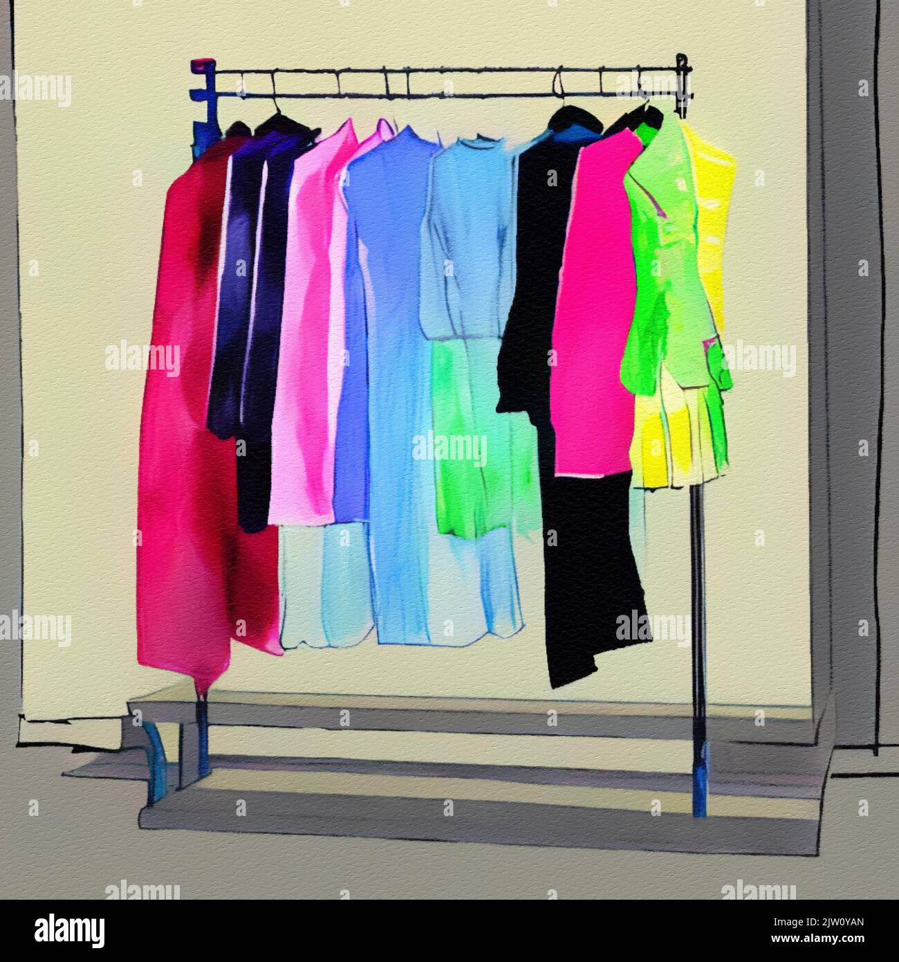 Store clothes exhibition in Shopping mall. Fashion illustration of ...