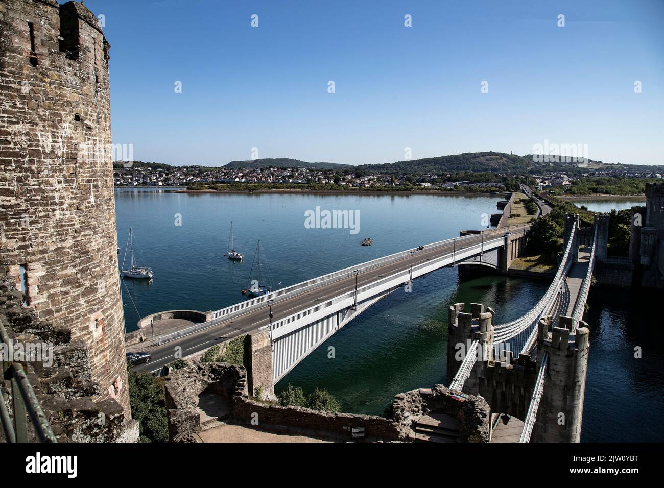 A view from Conwy Castle turrets of Deganwy, the old Telford suspension ...