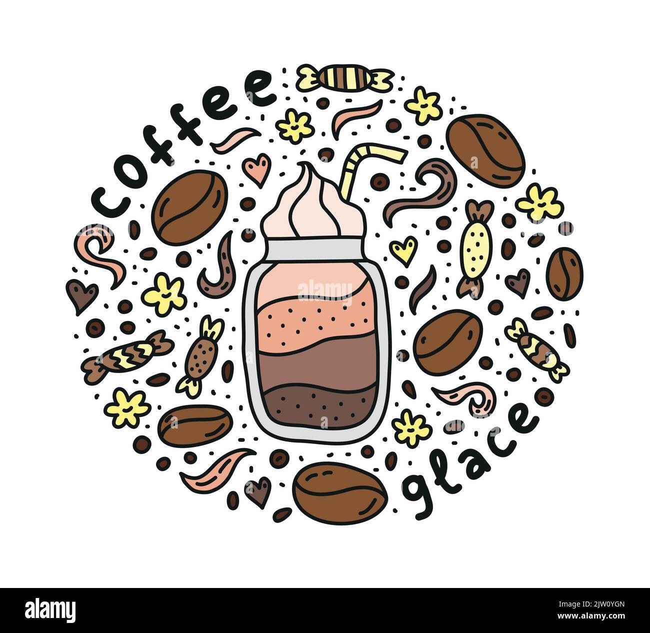 Poster with cute doodle glace coffee drink and beans, candies, spices ...