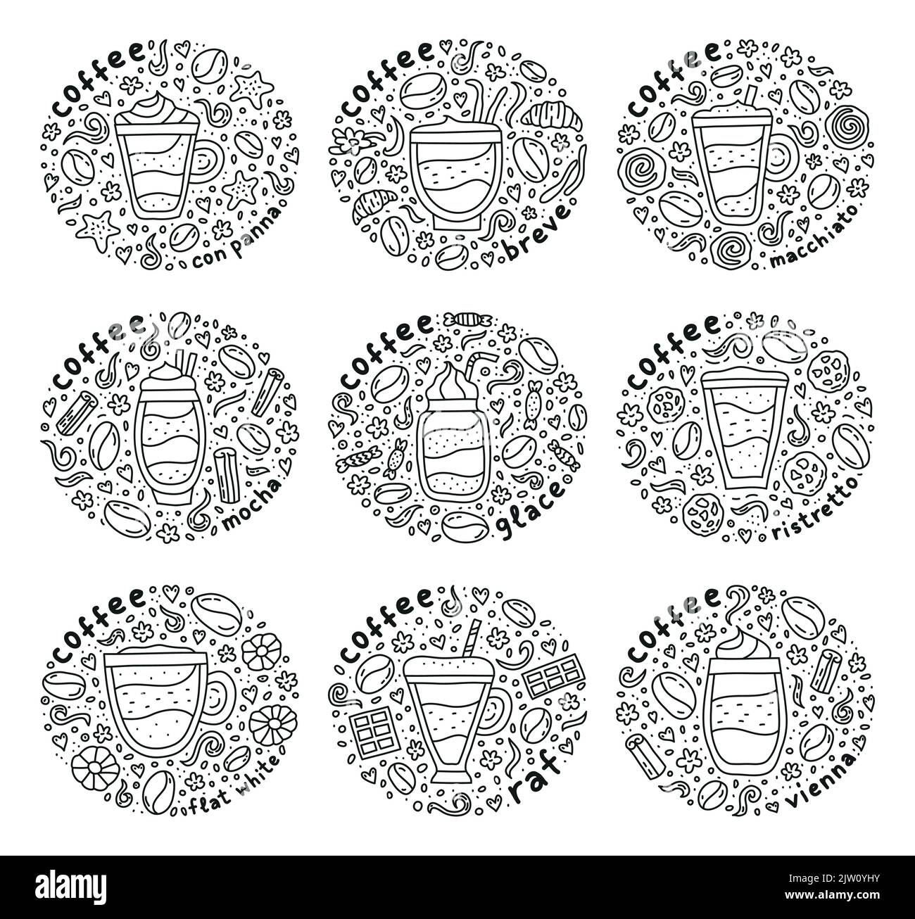 Set of cute compositions with doodle outline coffee drinks, lettering and other elements ...