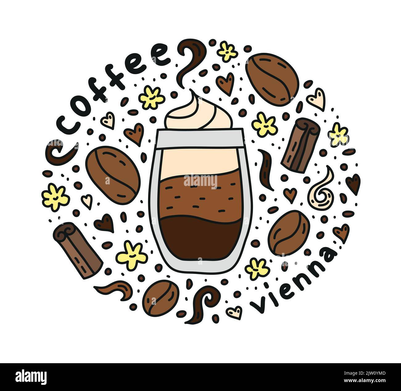 Poster with cute doodle vienna coffee drink and beans, spices, dots ...