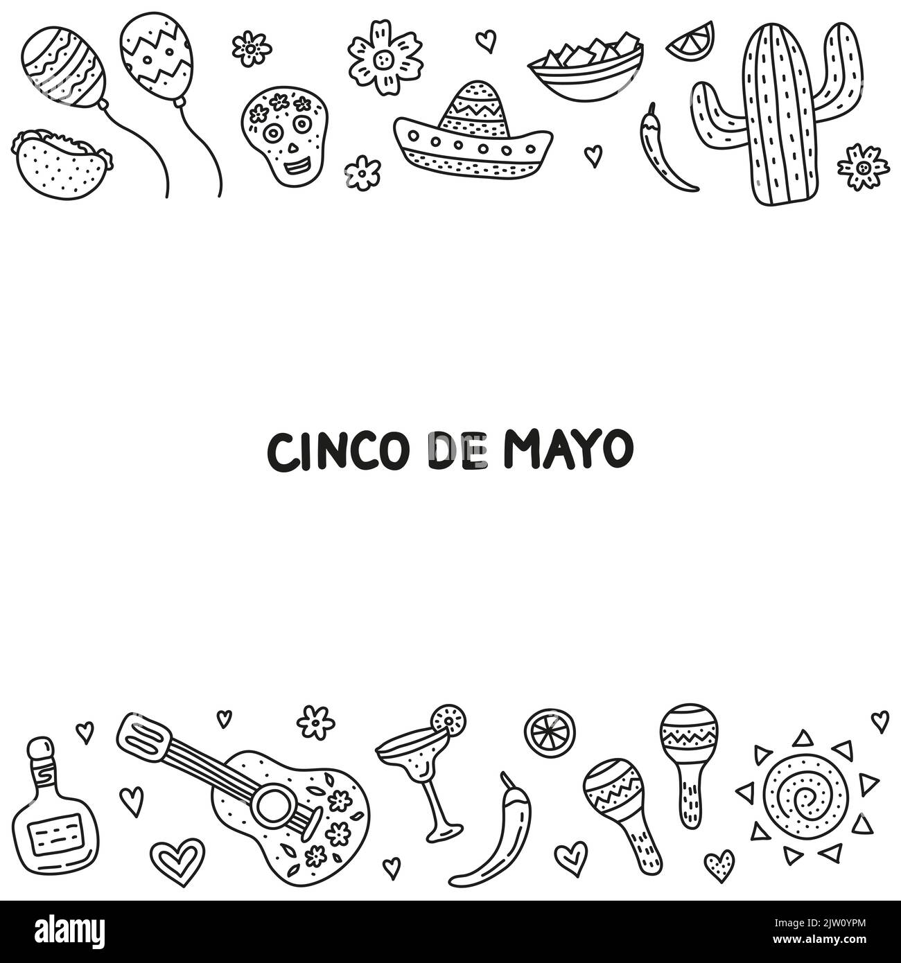 Poster with outline doodle Cinco de mayo icons on white background ...
